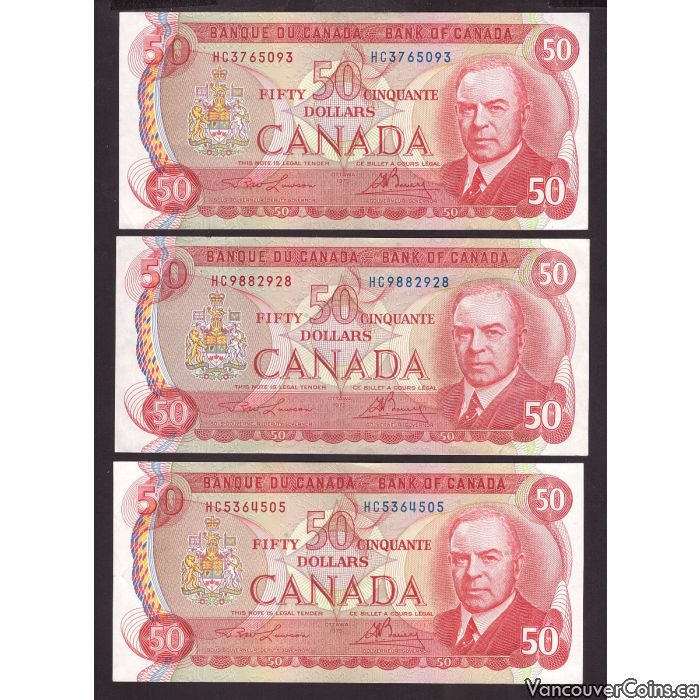 3x 1975 Canada $50 banknotes Lawson Bouey HC RCMP Musical Ride 3-notes ...