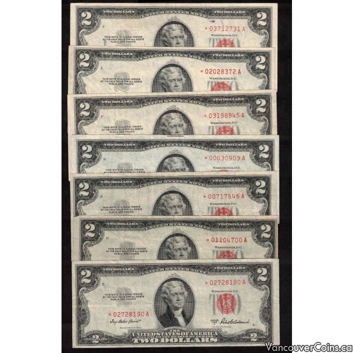 7 x 1953 USA $2 STAR NOTES 1953 A B C 7-notes VF-VF+ - Professional ...