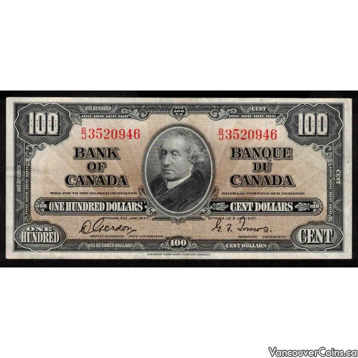 1937 Canada $100 banknote Gordon Towers B/J 3520946 very nice VF+ ...