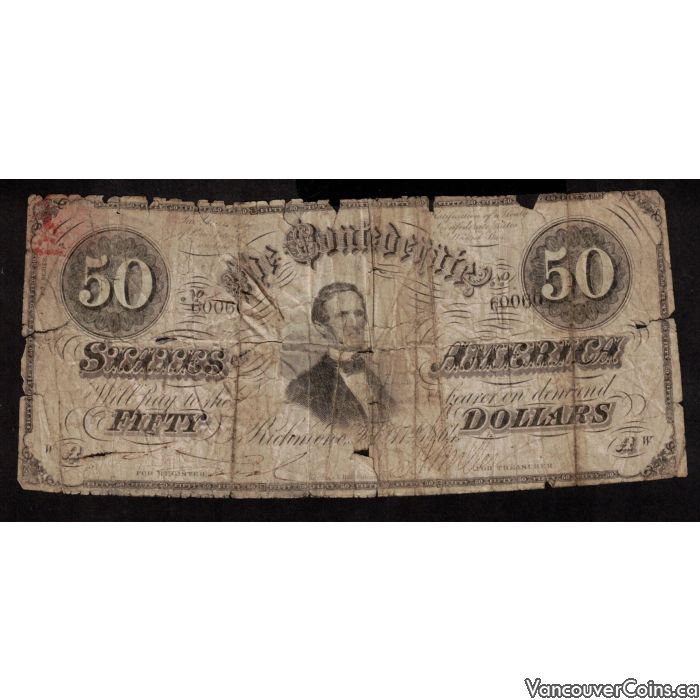 1864 Confederate States of America Jefferson Davis $50 note poor ...