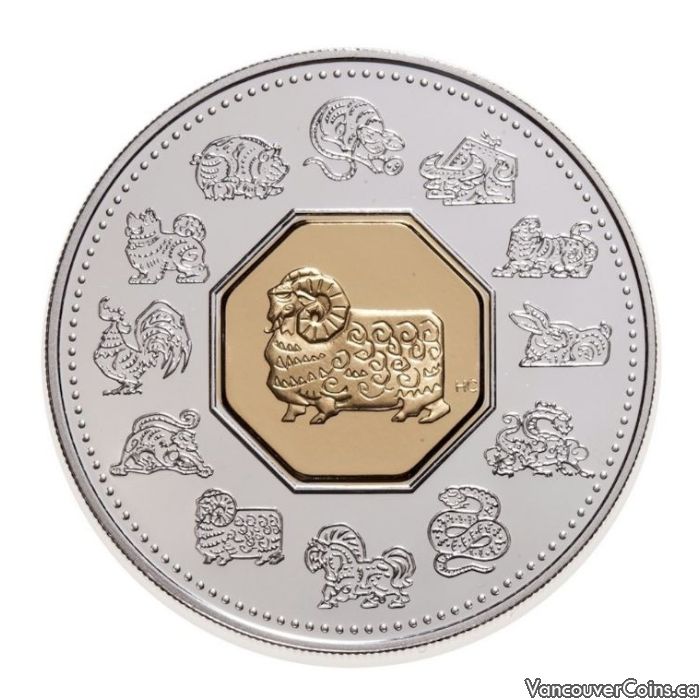 2003 Canada $15 Year of the Sheep Sterling Silver & Gold Plated Cameo ...