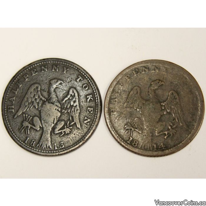 1813 and 1814 Spread Eagle Half Penny tokens engrailed edge 2-coins ...