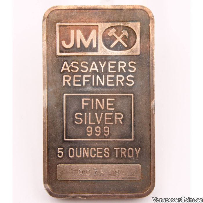 5 oz JM Johnson Matthey 5 Troy Ounces Fine Silver 999 Bar Serial 007519 - Professional Dealers ...