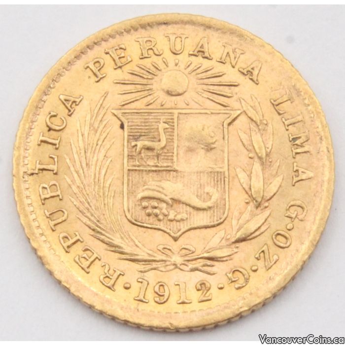 1912 Peru 1/5 libra gold coin Choice Uncirculated - Professional ...