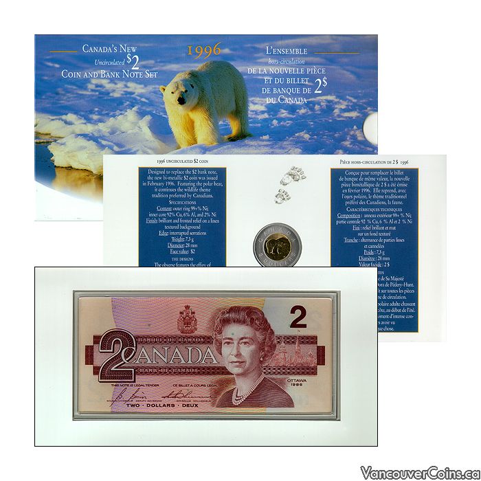 1996 Canadas New Uncirculated $2 Coin & Bank Note Set - Professional ...