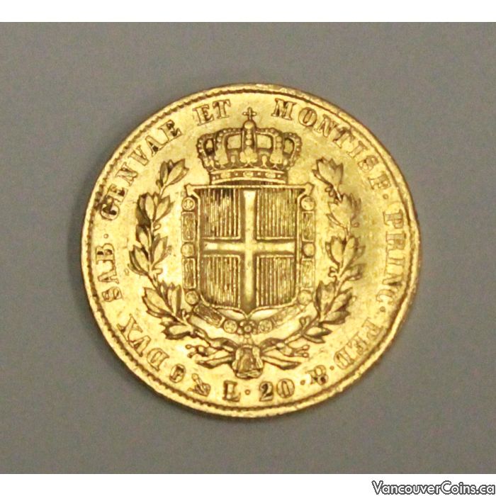 1838 Sardinia Italy 20 Lire Gold Coin VF25 original patina & authentic ...