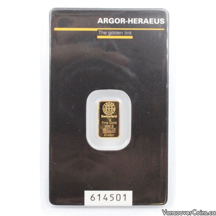 1 gram Argor Heraeus 999.9 Fine Gold Minted Bar in Certified Assay Card ...