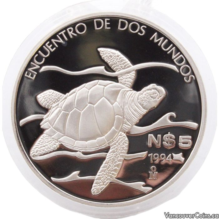 1994 Mexico $5 Peso Pacific Ridley Sea Turtle Silver Coin Proof ...