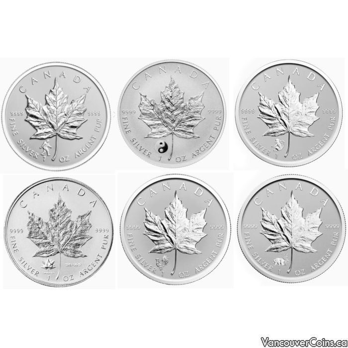 6x Canada 1 oz Pure Silver Maple Leafs 6 Privy Marks 2016 and 2017 ...