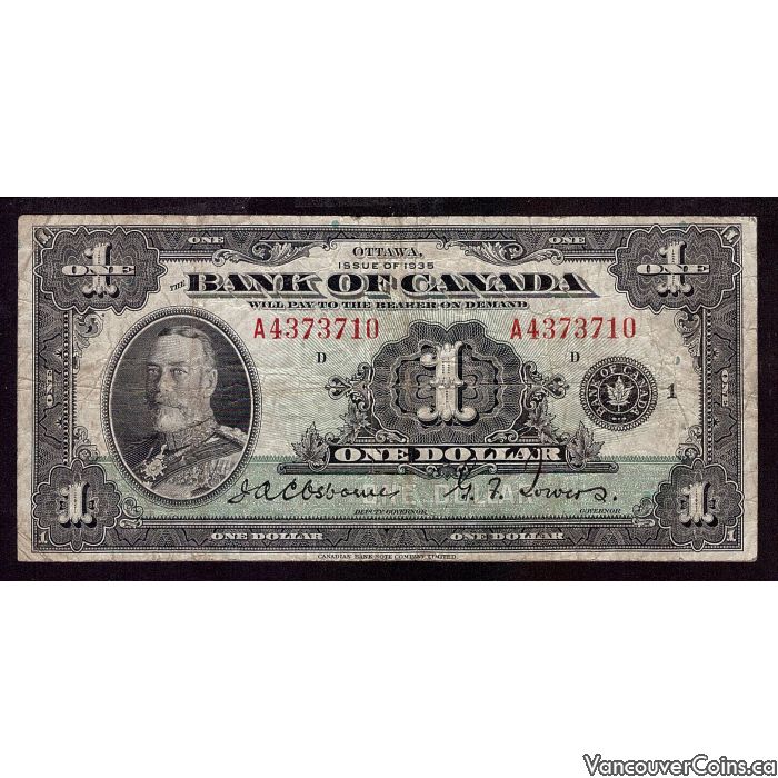 1935 Canada $1 banknote Osborne Towers A4373710 FINE - Professional ...