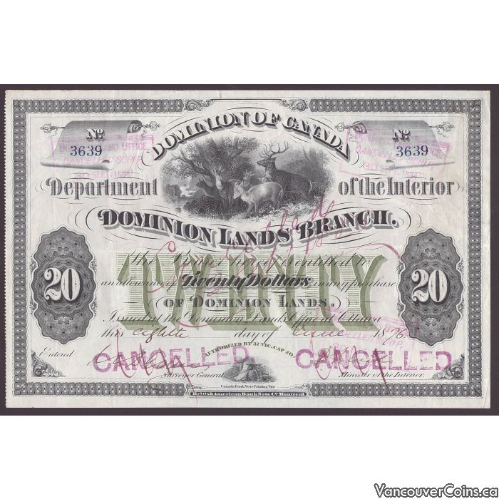 1876 Dominion of Canada $20 Land Scrip Metis No 3639 AU50 EPQ ...