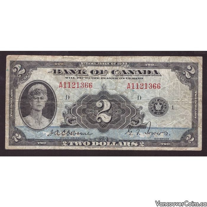 1935 Canada $2 banknote Osborne Towers A1121366 F+ - Professional ...