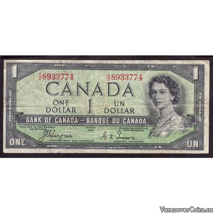 1954 Canada $1 devils face banknote Coyne Towers A/A8933774 FINE ...