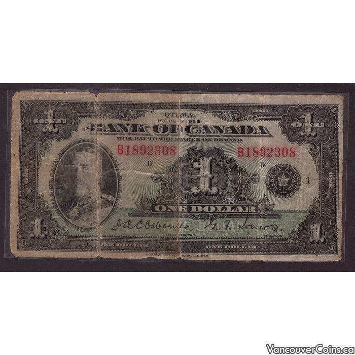 1935 Canada $1 banknote Osborne Towers B1892308 laminated and damaged ...