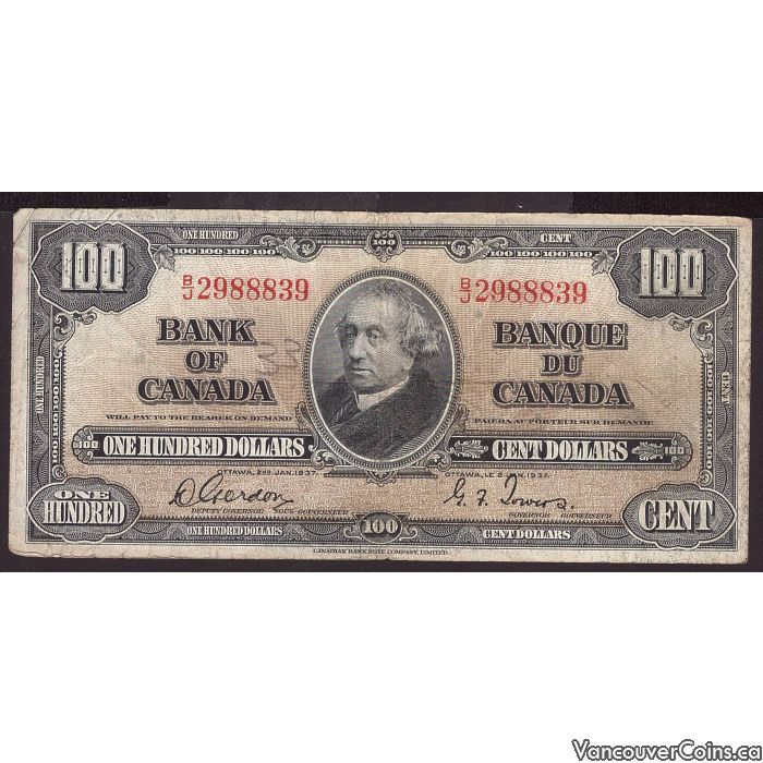 1937 Canada $100 banknote Gordon Towers B/J2988839 F+ - Professional ...
