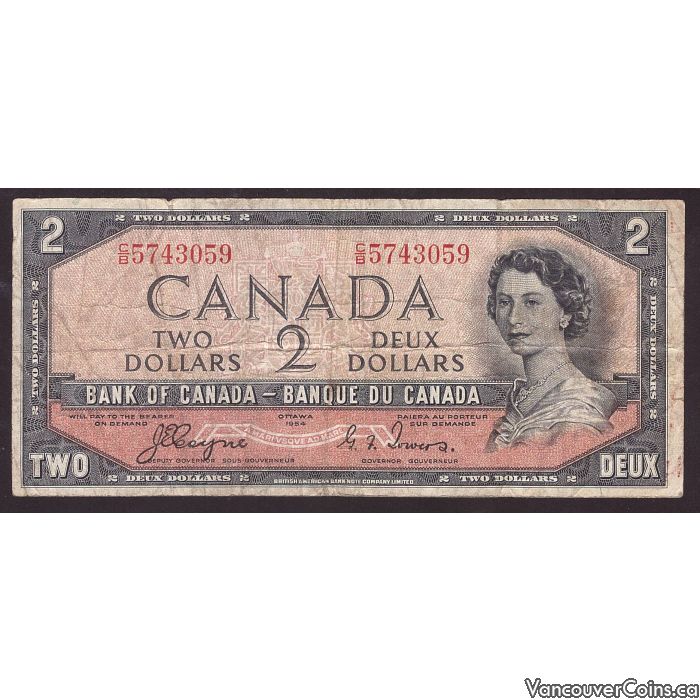 1954 Canada $2 devils face note Coyne Towers C/B5743059 damaged reverse ink - Professional ...