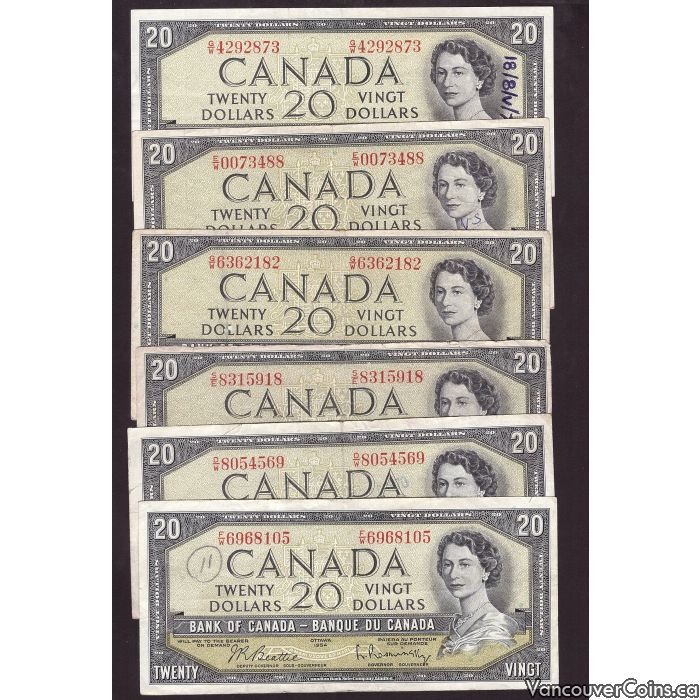 6x 1954 Canada $20 banknotes $120 face value all circulated damaged ...