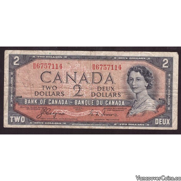 1954 Canada $2 Devils Face note Coyne Towers BC30a B/B6757114 FINE ...