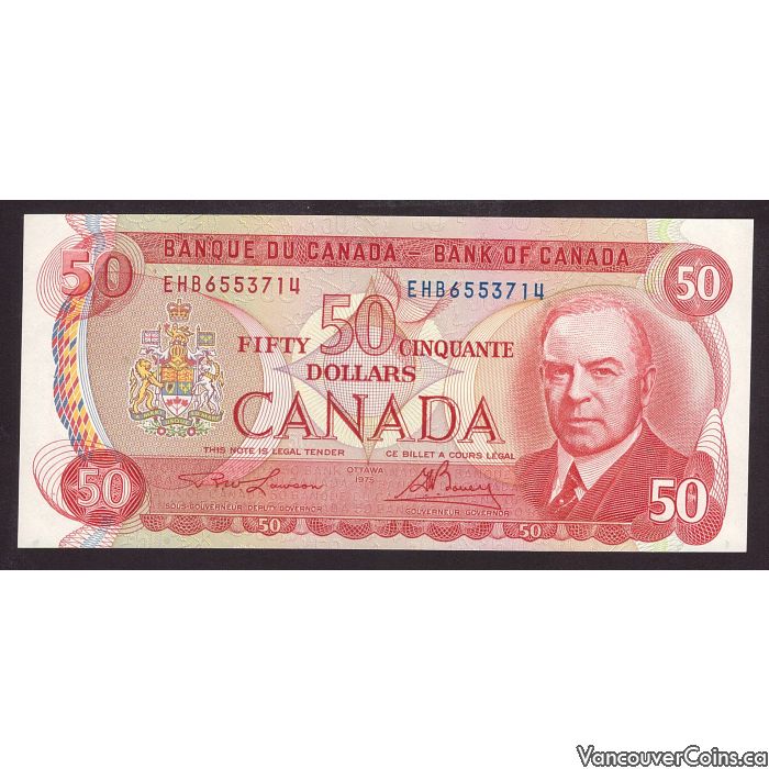 1975 Canada $50 banknote Lawson EHB6553714 BC-51a-i Choice AU/UNC ...