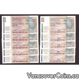 10x 1992-95 Hong Kong Standard Chartered Bank $20 notes 10-notes VF-AU+ ...