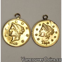 1849 One Dollar 9K Gold Tokens British Columbia 2-coins with pendant ...