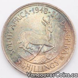 1948 South Africa 5 Shillings Springbok large silver coin toned ...