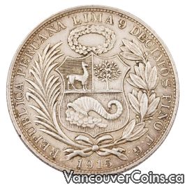 1915 FG Peru One Sol silver coin Lima Mint KM# 198.26 EF+ ...