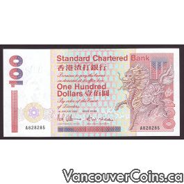 1993 Hong Kong Standard Chartered Bank $100 note P287a A828285 UNC65 ...