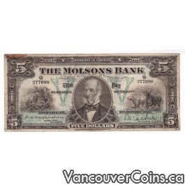 The Molsons Bank 1912 $5 Banknote VF20 small margin stain at 11 oclock ...