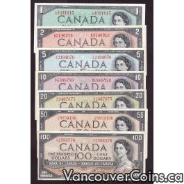 1954 Canada bank note set $1 $2 $5 $10 $20 $50 $100 7-notes VF or ...